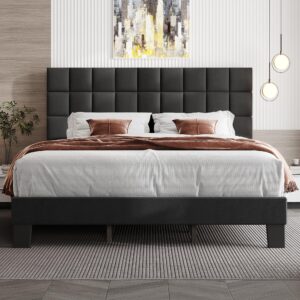 lifezone king bed frame with headboard upholstered bed frame with linen tufted headboard,ship in 2 boxes,wood slats support,no boxing needed,heavy duty feet,easy assembly, dark grey