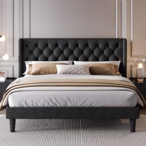 sha cerlin king size platform bed frame with upholstered headboard and wingback, button tufted design, easy assembly, black