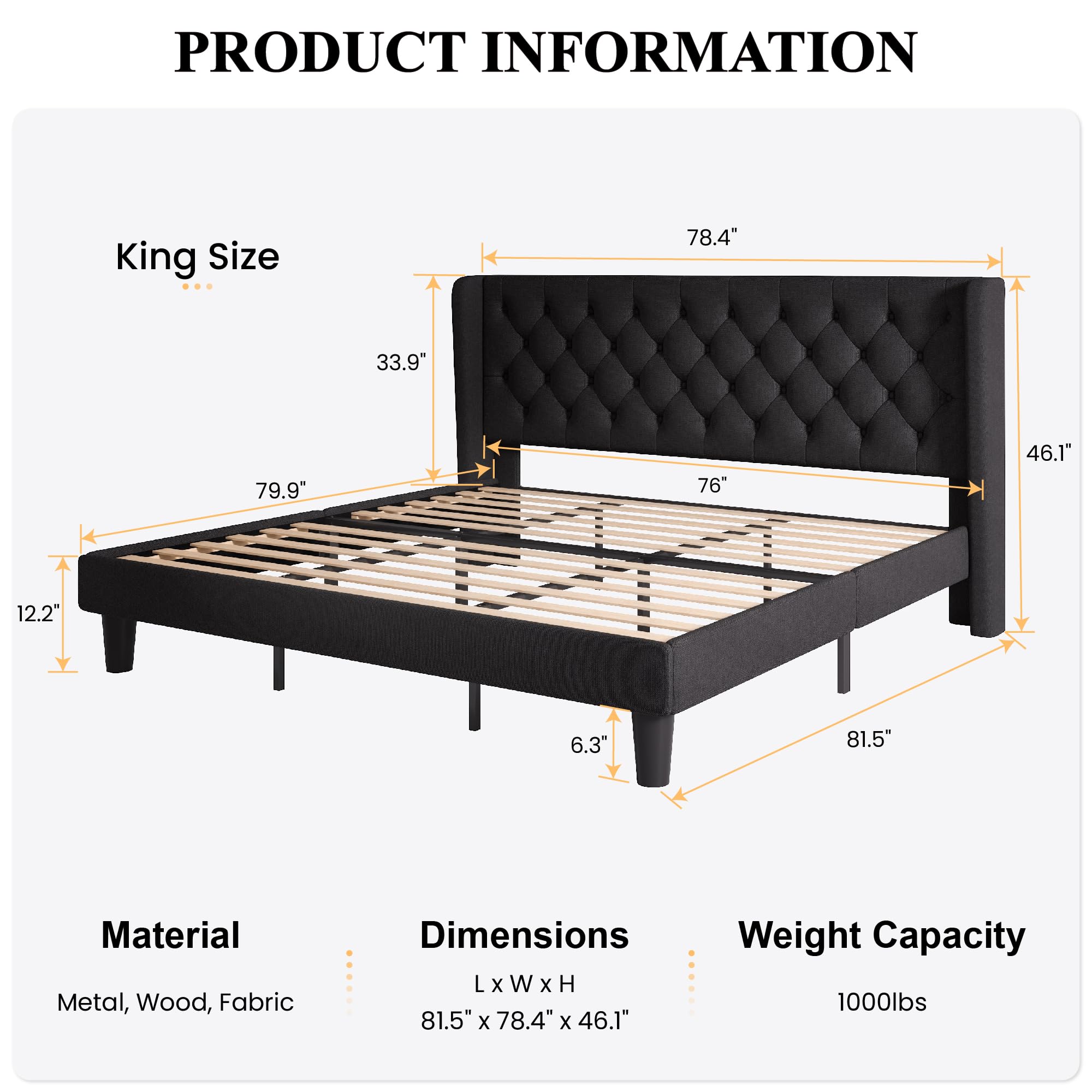 SHA CERLIN King Size Platform Bed Frame with Upholstered Headboard and Wingback, Button Tufted Design, Easy Assembly, Black