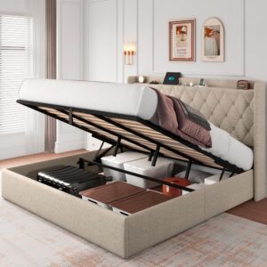 ipormis king size lift up storage bed frame with charging station, upholstered platform bed frame with tufted headboard, hydraulic storage, no box spring needed, noise-free, easy assembly, beige