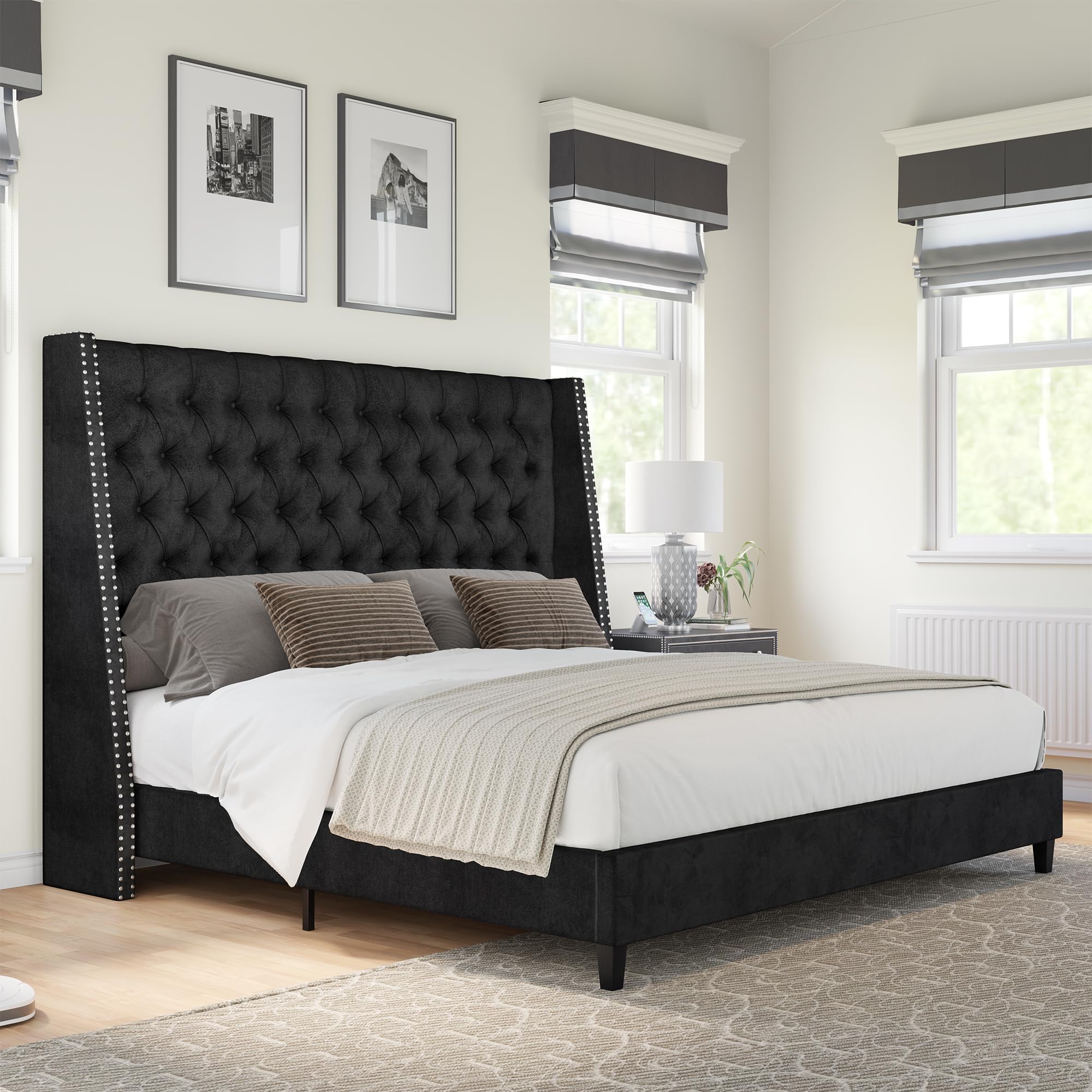 AMERLIFE King Size Nail Button Tufted Wingback Bed Frame, Linen Upholstered Platform Bed with 56" High Wingback Headboard, No Box Spring Needed, Black