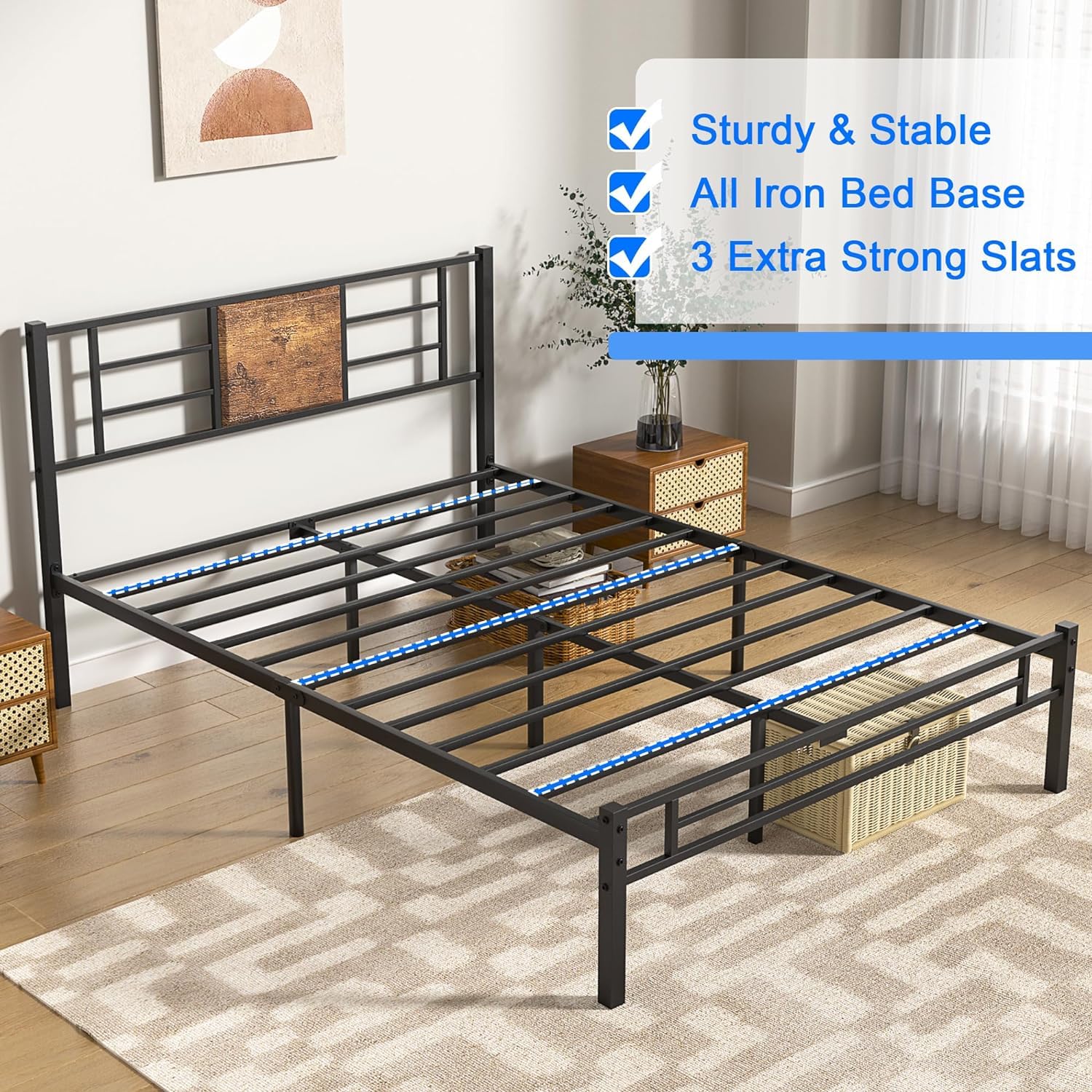 VECELO Full Size Bed Frame with Headboard, Heavy-Duty Platform with Steel Slats Support, No Box Spring Needed/Easy Assembly, Matte Black & Brown