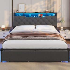 BTHFST Queen Bed Frame with Charging Station, LED Bed Frame Queen Size with Headboard Storage and 2 Drawers, Metal and Upholstered Platform Bed Frame with Lights, No Box Spring Needed, Dark Grey