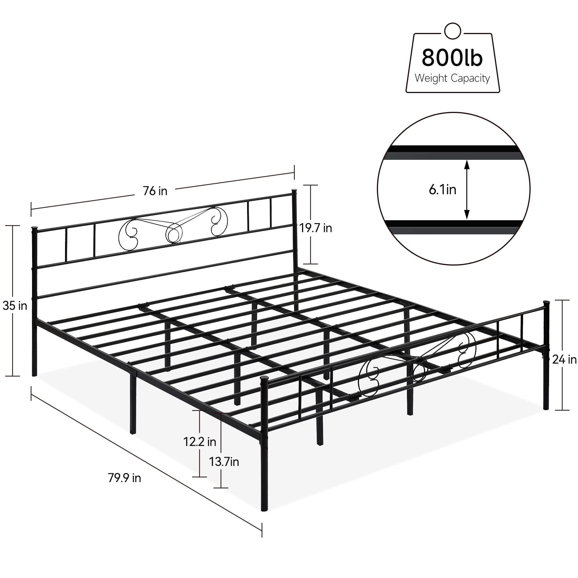 GAOMON KIng Size Bed Frame with Headboard and Footboard, Platform Bed Frame with Storage, Mattress Foundation, No Box Spring Needed, Easy Assembly, Black (King)