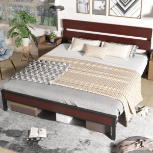 king size bed frame with 0.6in thick headboard and footboard, platform bed with 13 premium metal slats, non-slip, no box spring needed, noise free, easy assembly (wine color, king)