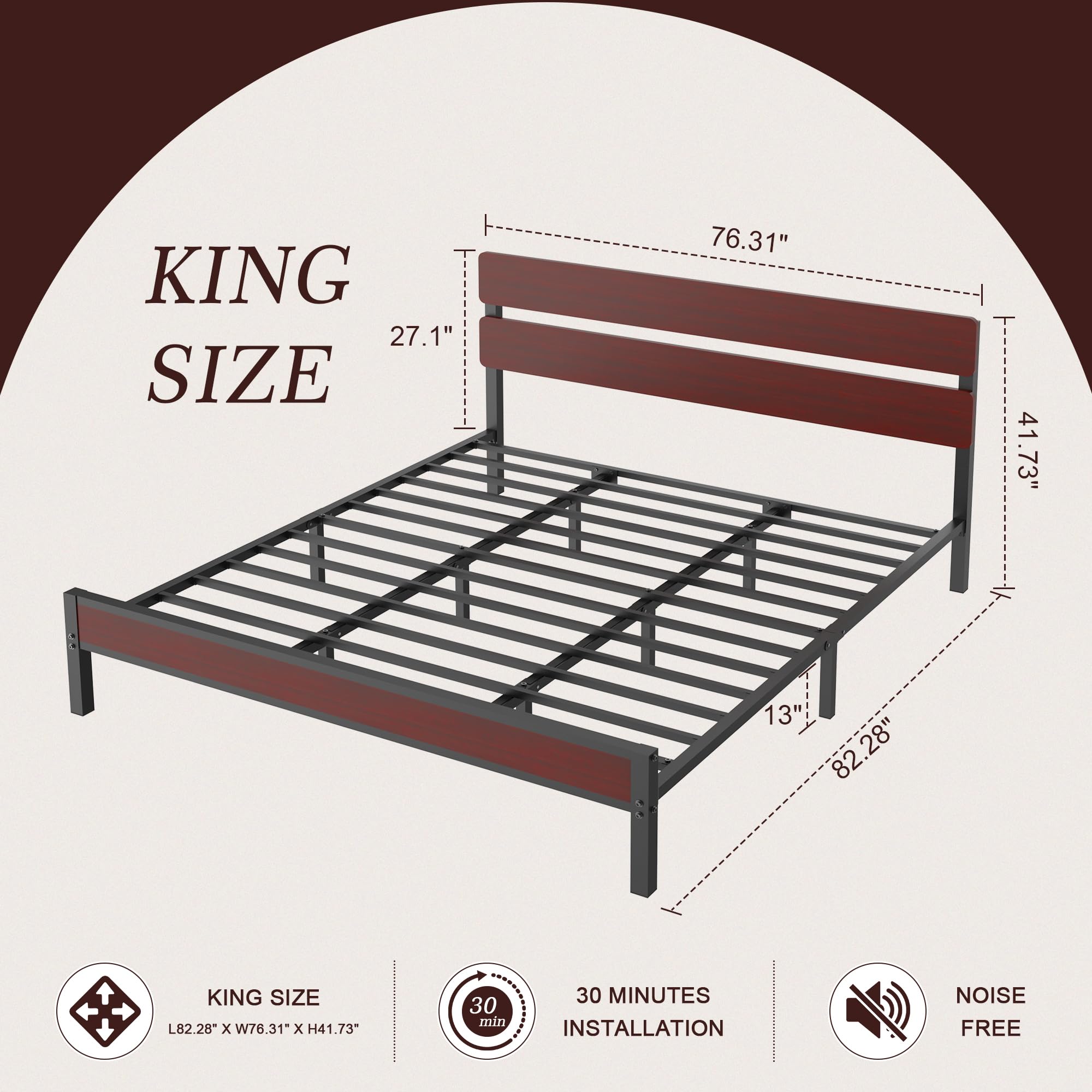 King Size Bed Frame with 0.6in Thick Headboard and Footboard, Platform Bed with 13 Premium Metal Slats, Non-Slip, No Box Spring Needed, Noise Free, Easy Assembly (Wine Color, King)