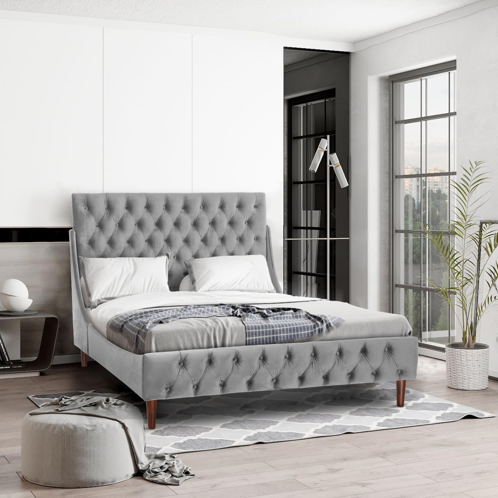 affeivul King Bed Frame and Headboard, King Size Platform Bed Frame No Box Spring Needed, Upholstered Bed Frame King with Cotton and Velvet, Low Storage, Modern Design and Wood Slats - Grey