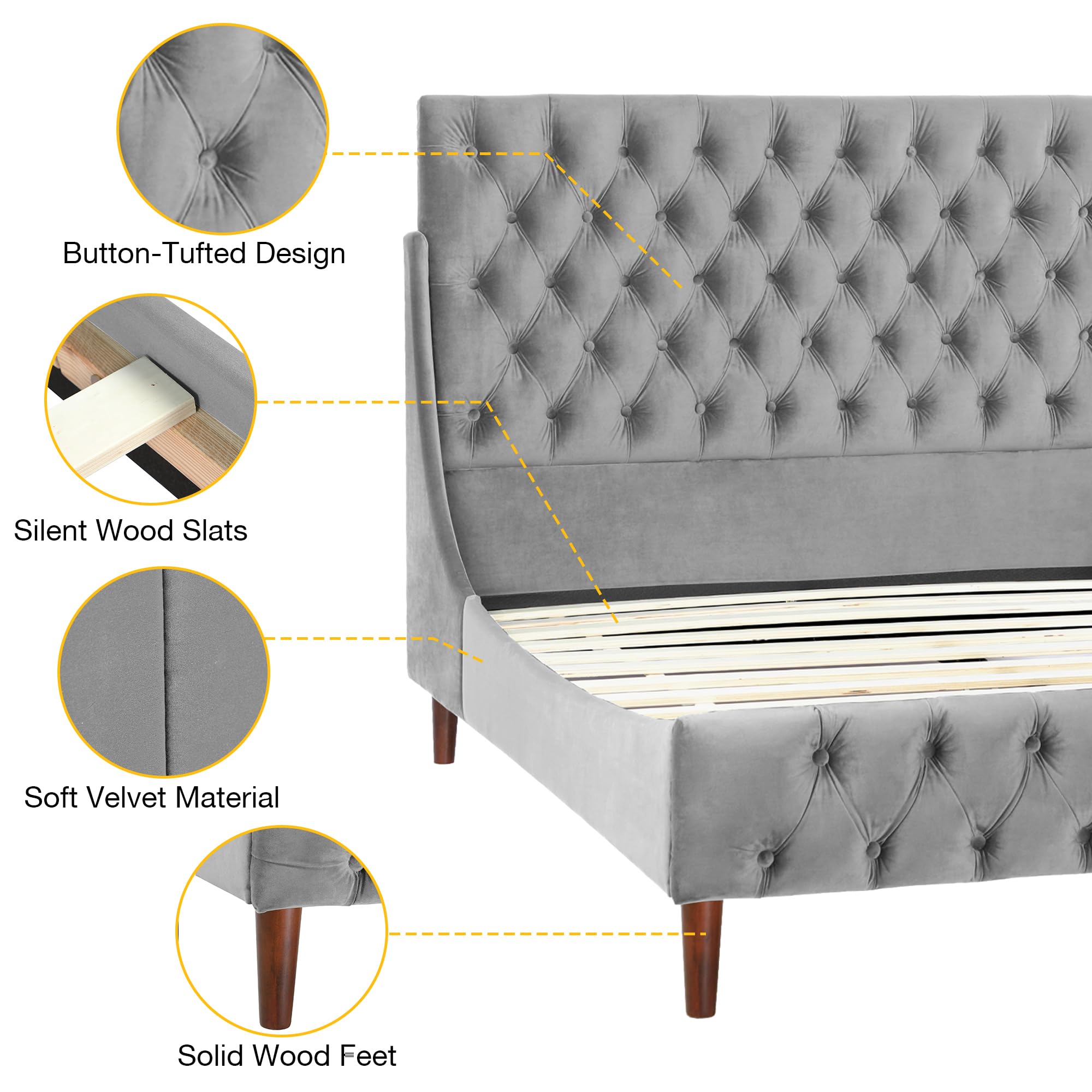 affeivul King Bed Frame and Headboard, King Size Platform Bed Frame No Box Spring Needed, Upholstered Bed Frame King with Cotton and Velvet, Low Storage, Modern Design and Wood Slats - Grey