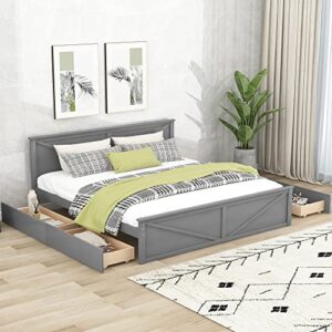 rorigat king size platform bed, wooden platform bed frame with 4 storage drawers and support legs, no box spring needed, gray