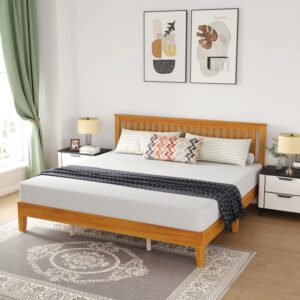 wood bed frame, wooden bed frame with 14 strong wooden slats, king headboard and frame with complete headboard, wood platform bed, no box spring needed, king bed frame wood with solid wood foundation