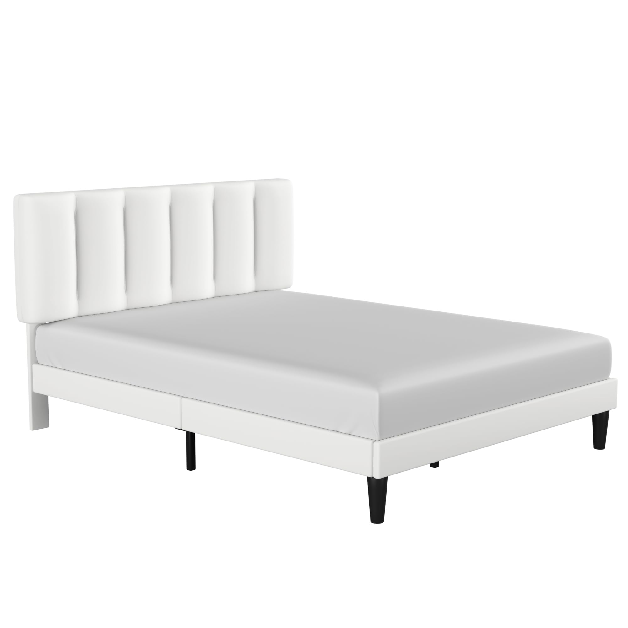 VECELO Full Bed Frames, Upholstered Platform Bedframe, Adjustable Headboard, Wood Slat Support, No Box Spring Needed, Easy Assembly, White