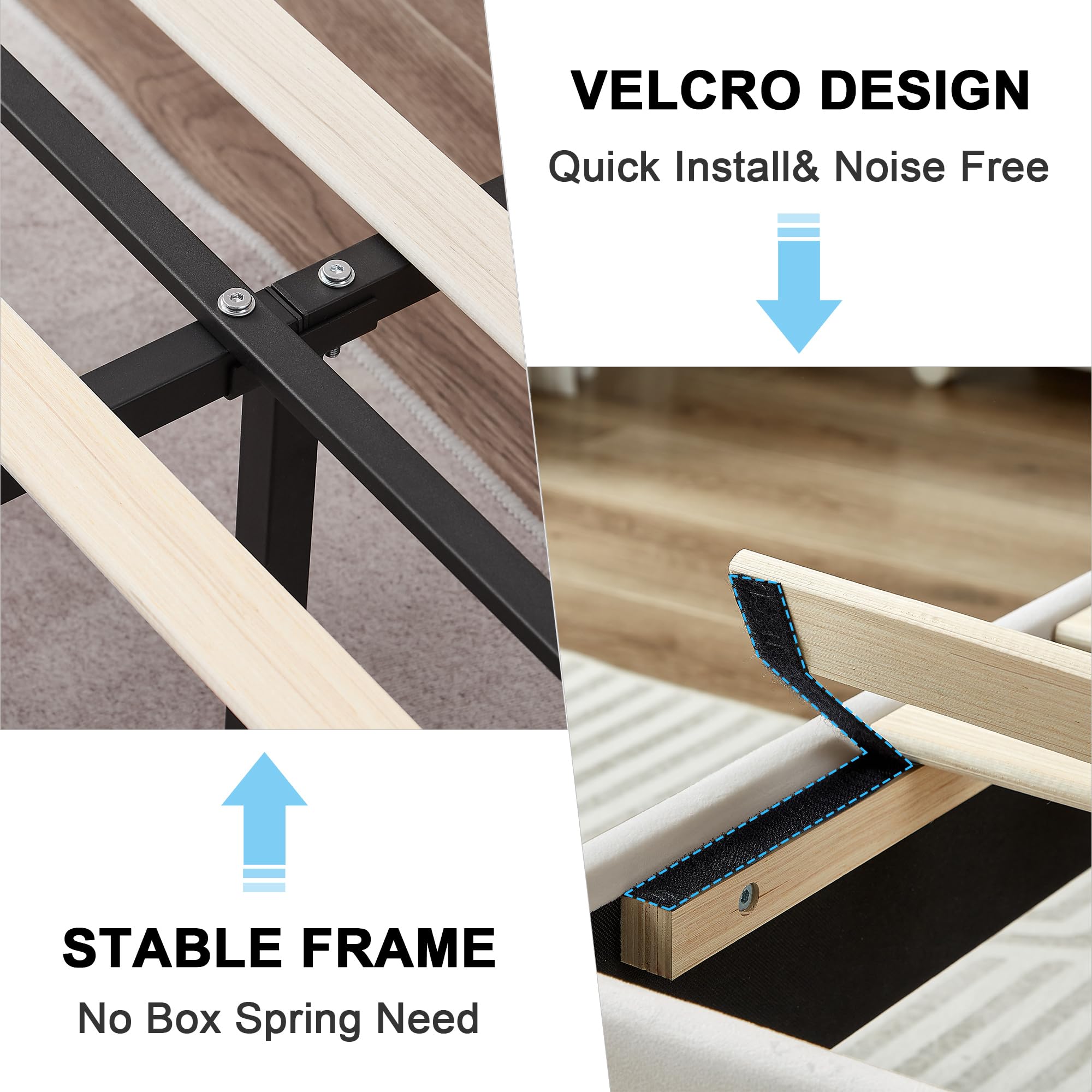 VECELO Full Bed Frames, Upholstered Platform Bedframe, Adjustable Headboard, Wood Slat Support, No Box Spring Needed, Easy Assembly, White