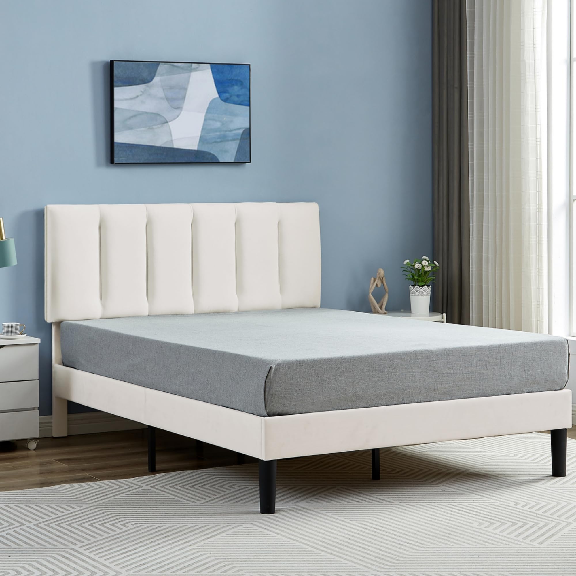 VECELO Full Bed Frames, Upholstered Platform Bedframe, Adjustable Headboard, Wood Slat Support, No Box Spring Needed, Easy Assembly, White