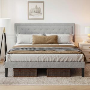 DUNTRKDU King Size Bed Frame with Adjustable Border Headboard, King Platform Bed Frame with Under Bed Storage, No Box Spring Needed/Easy Assembly for Bedroom, Light Grey