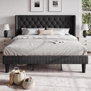 hoomic classic king size bed frame with button tufted wingback headboard, upholstered platform bed with strong wooden slats support, no box spring needed, black