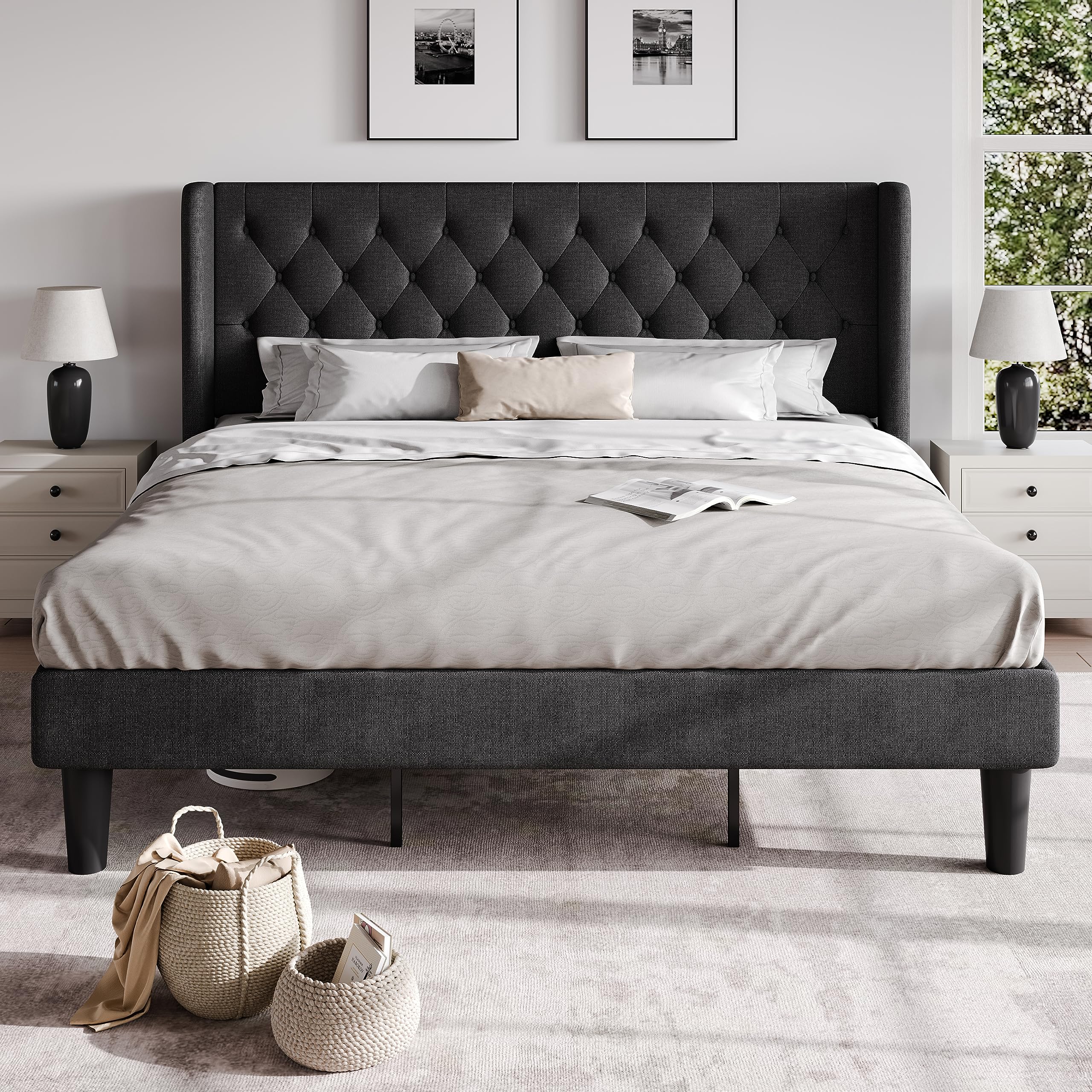 HOOMIC Classic King Size Bed Frame with Button Tufted Wingback Headboard, Upholstered Platform bed with Strong Wooden Slats Support, No Box Spring Needed, Black