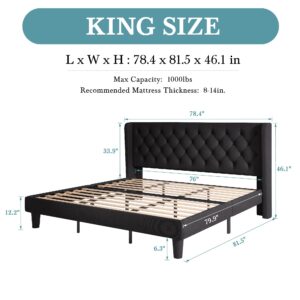 HOOMIC Classic King Size Bed Frame with Button Tufted Wingback Headboard, Upholstered Platform bed with Strong Wooden Slats Support, No Box Spring Needed, Black