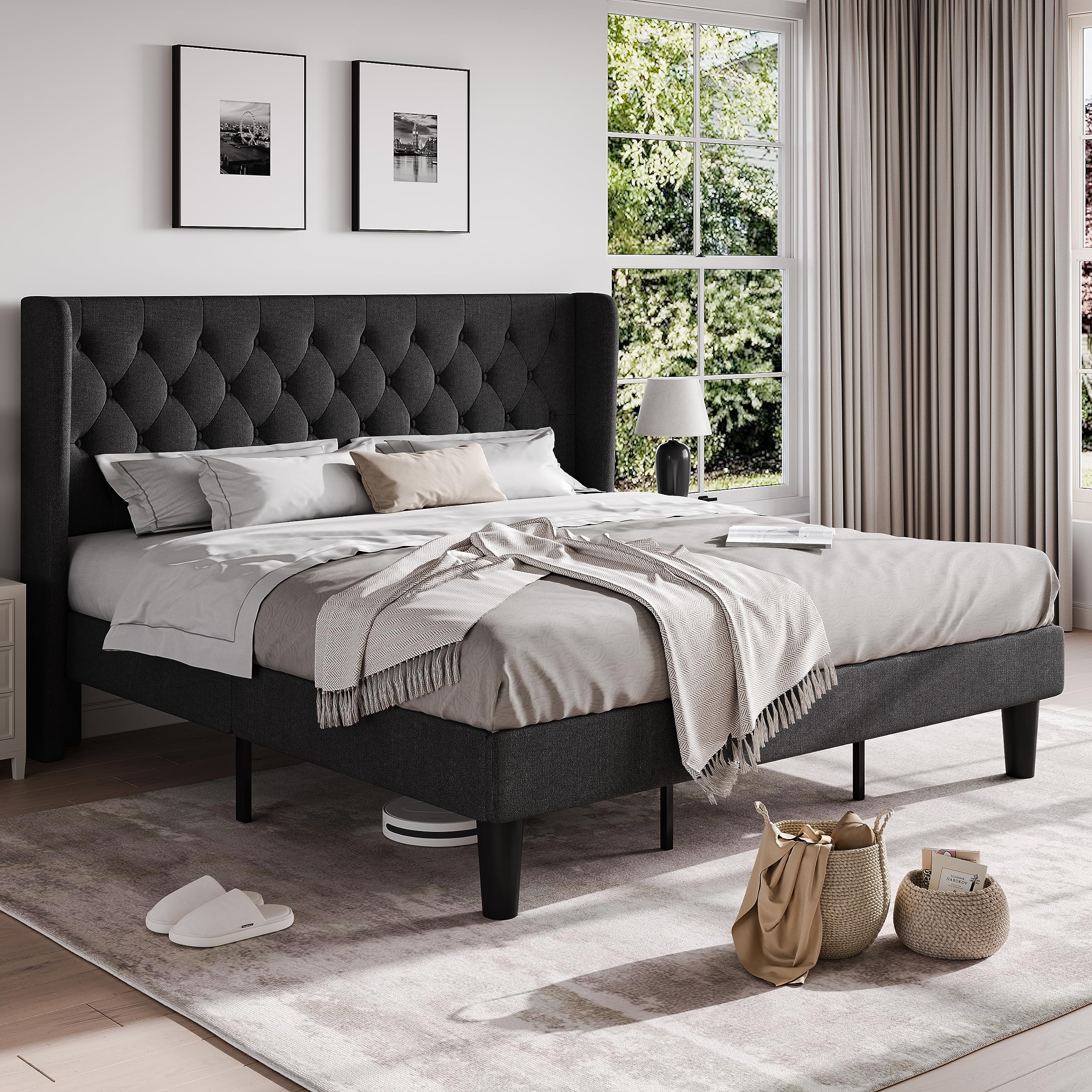 HOOMIC Classic King Size Bed Frame with Button Tufted Wingback Headboard, Upholstered Platform bed with Strong Wooden Slats Support, No Box Spring Needed, Black