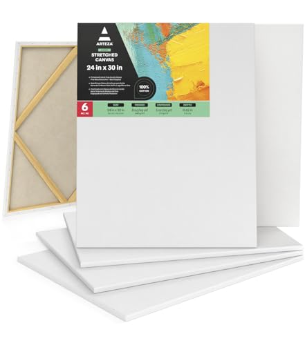 ARTEZA Stretched Canvas, 24 x 30 Inches, Pack of 6, Blank White Large Canvas Boards for Acrylic, Oil and Gouache Painting