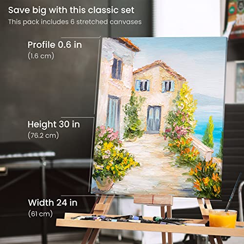 ARTEZA Stretched Canvas, 24 x 30 Inches, Pack of 6, Blank White Large Canvas Boards for Acrylic, Oil and Gouache Painting