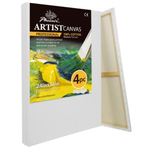 phoenix extra large blank canvas 24x36 inch - 4 pack 100% cotton 12 oz. triple primed pre gessoed white stretched canvases for painting - ready to paint art paint canvases for oil & acrylic paints