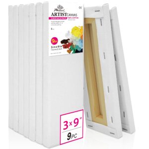 phoenix skinny stretched canvas for painting 3x9 inch/9 value pack, 8 oz triple primed, 5/8 inch profile, 100% cotton white blank canvas, rectangular framed canvas for oil acrylic & pouring art