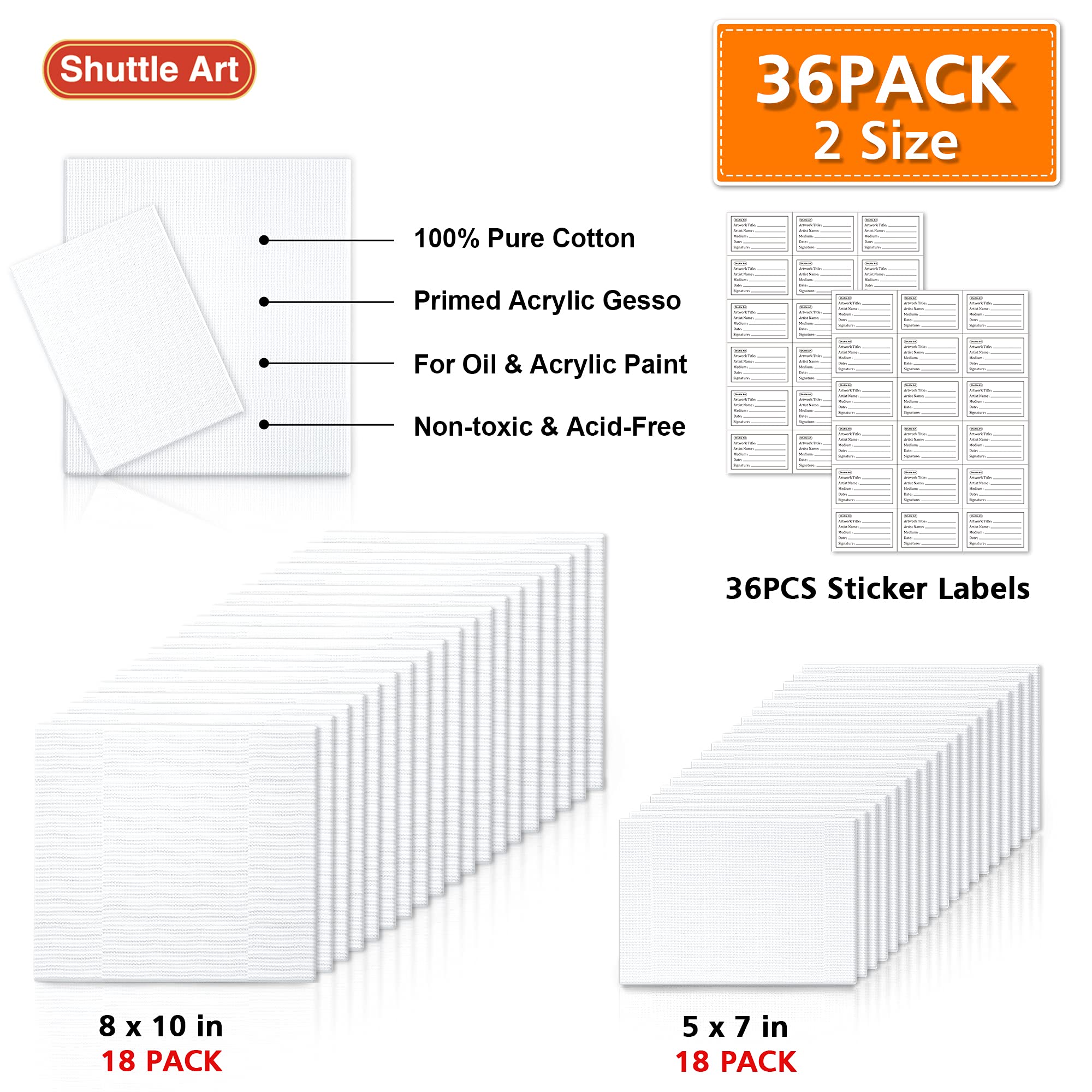 Shuttle Art Painting Canvas Panels, 36 Pack, 5x7, 8x10in (18 of Each), 100% Cotton, Primed White Canvas Boards for Painting, Blank Canvases for Kids, Adults & Artists for Acrylic and Oil Painting