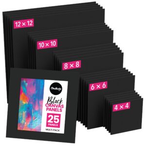 chalkola black canvas for painting - 25 pack square canvas panels - 4x4, 6x6, 8x8, 10x10, 12x12 inch (5 each) - canvases are 100% cotton, primed, acid free art canvas boards for painting