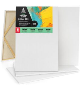 arteza stretched canvas, 24 x 36 inches, pack of 5, blank white large canvas for painting for acrylic, oil and gouache paints