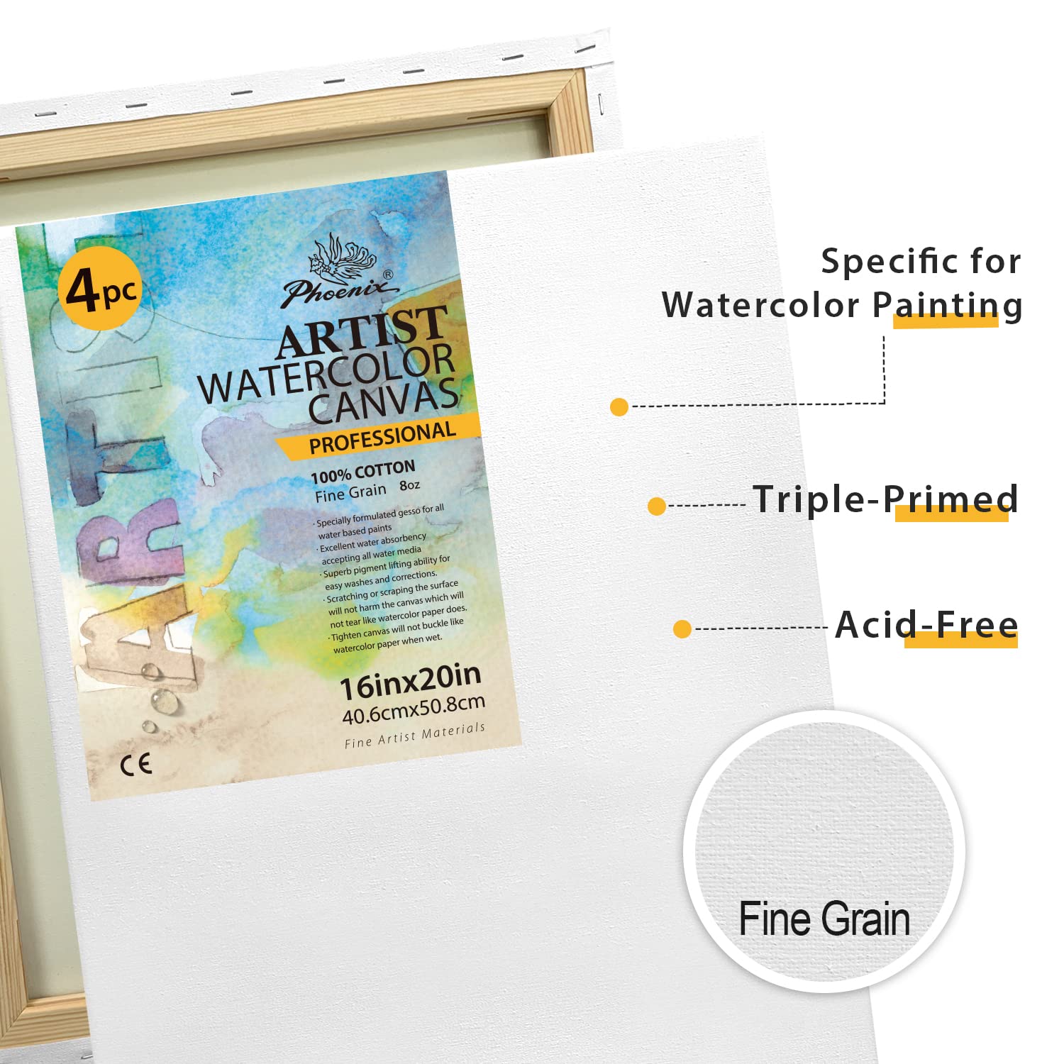 PHOENIX Watercolor Stretched Canvases, 16x20 Inch/4 Pack - 8 Oz, 3/4 Inch Profile, 100% Cotton Triple Primed White Blank Canvases for Watercolor, Acrylic, Gouache, Tempera, Crafts & Pouring Art