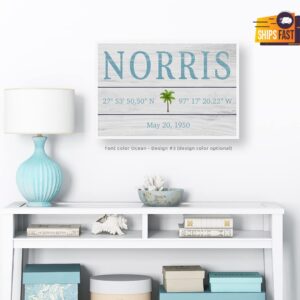 Custom Family Name with GPS Coordinates and State Wall Art for Housewarming, Wedding, or Anniversary Gift (Framed Canvas, 24" x 36")