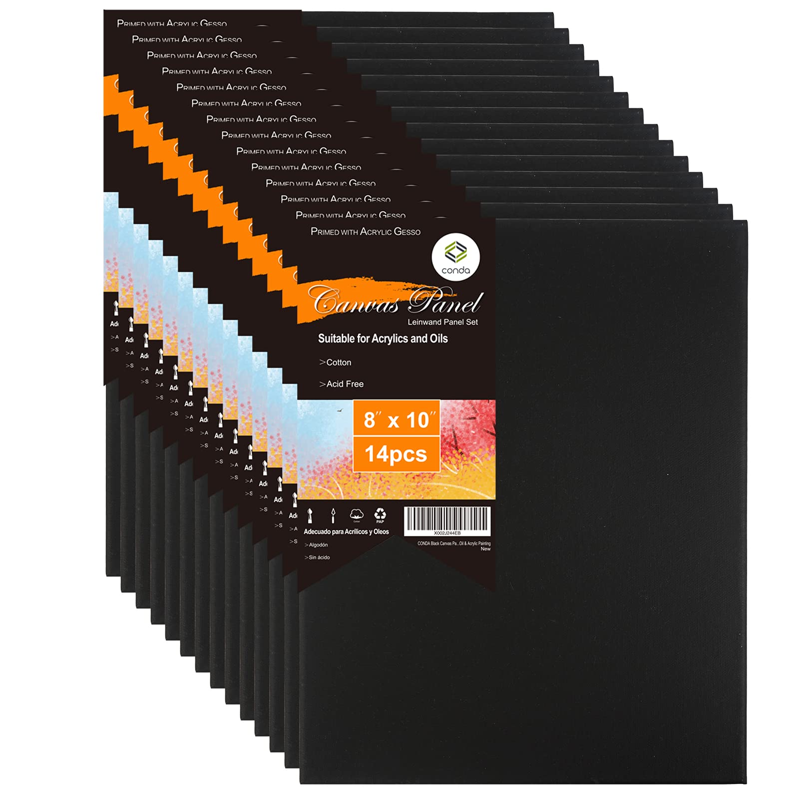 CONDA Black Canvases for Painting, Canvas Panels 8x10 inch, Pack of 14, 100% Cotton Acid-Free, 8 oz Gesso-Primed, Art Boards for Oil & Acrylic Painting