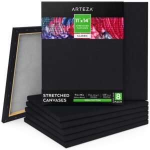 arteza paint canvases for painting, pack of 8, 11 x 14 inches, blank black canvas bulk, 100% cotton stretched canvas, 8 oz gesso-primed, art supplies for adults, for acrylic pouring and oil painting