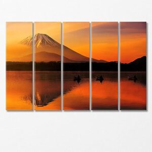 Silhouette of Three Fishermen on Boats on Shoji lake Japan Canvas Print 1 Panel / 36x24 inches