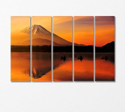 Silhouette of Three Fishermen on Boats on Shoji lake Japan Canvas Print 1 Panel / 36x24 inches