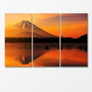 Silhouette of Three Fishermen on Boats on Shoji lake Japan Canvas Print 1 Panel / 36x24 inches