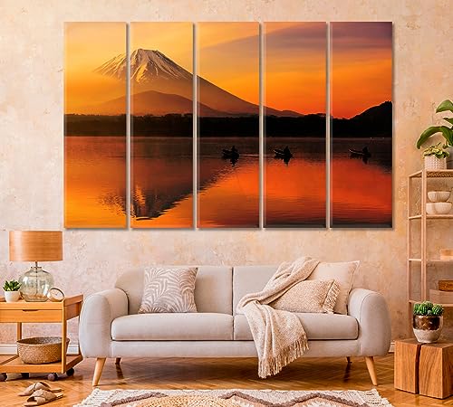 Silhouette of Three Fishermen on Boats on Shoji lake Japan Canvas Print 1 Panel / 36x24 inches