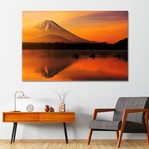 Silhouette of Three Fishermen on Boats on Shoji lake Japan Canvas Print 1 Panel / 36x24 inches