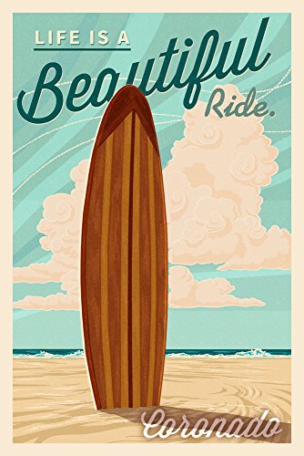 Coronado, California, Surfboard Letterpress, Life is a Beautiful Ride, (24x36 Wrapped Canvas, Wall Decor, Artwork)