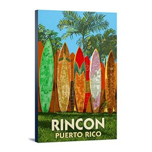 lantern press rincon, puerto rico, surfboard fence, (24x36 wrapped canvas, wall decor, artwork)