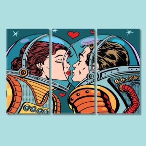 Astronauts Kiss in Space Canvas Print 3 Panels / 36x24 inches