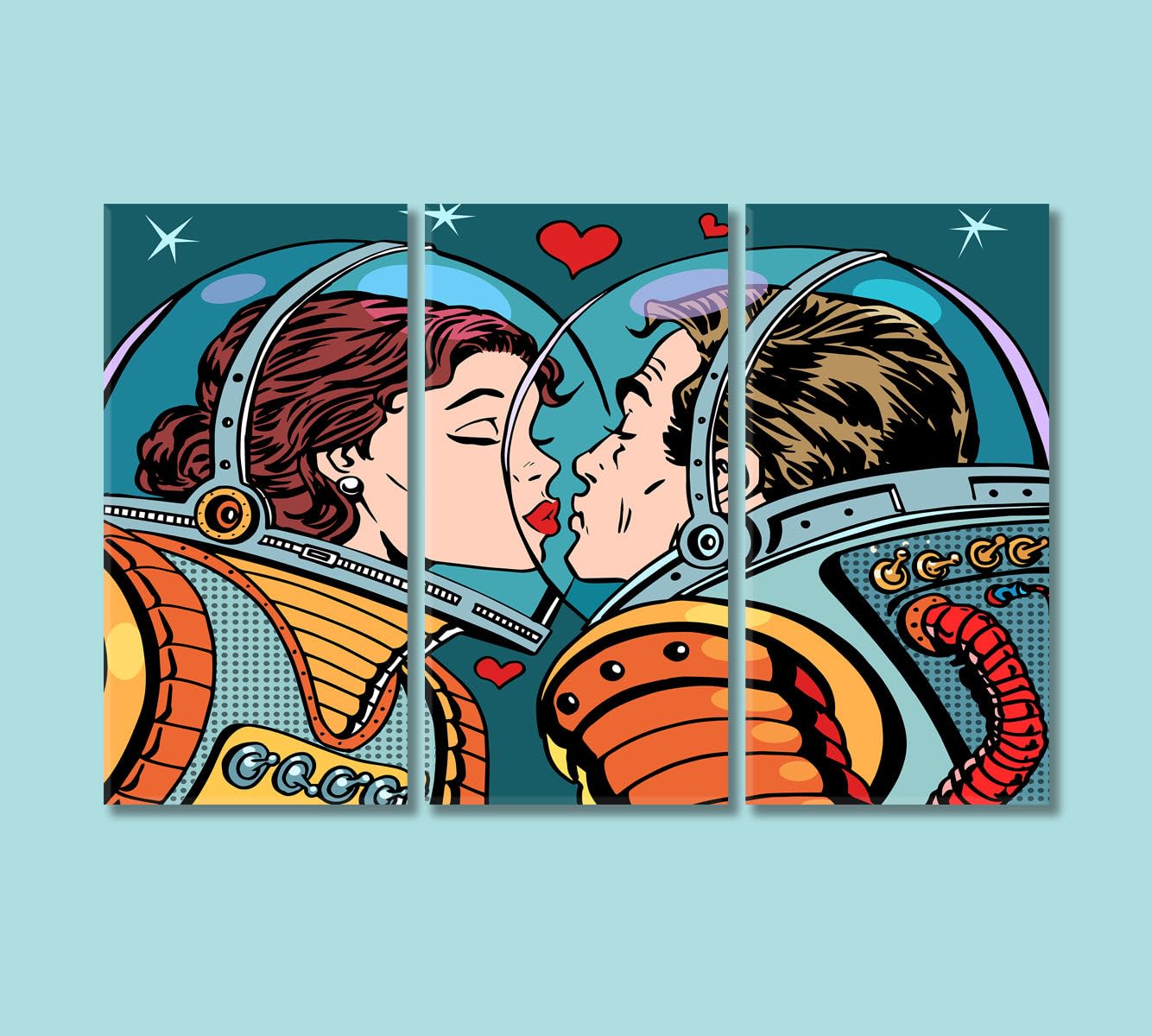 Astronauts Kiss in Space Canvas Print 3 Panels / 36x24 inches