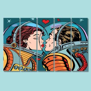 Astronauts Kiss in Space Canvas Print 3 Panels / 36x24 inches