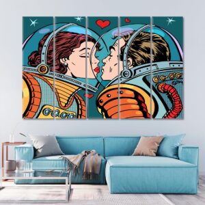 Astronauts Kiss in Space Canvas Print 3 Panels / 36x24 inches