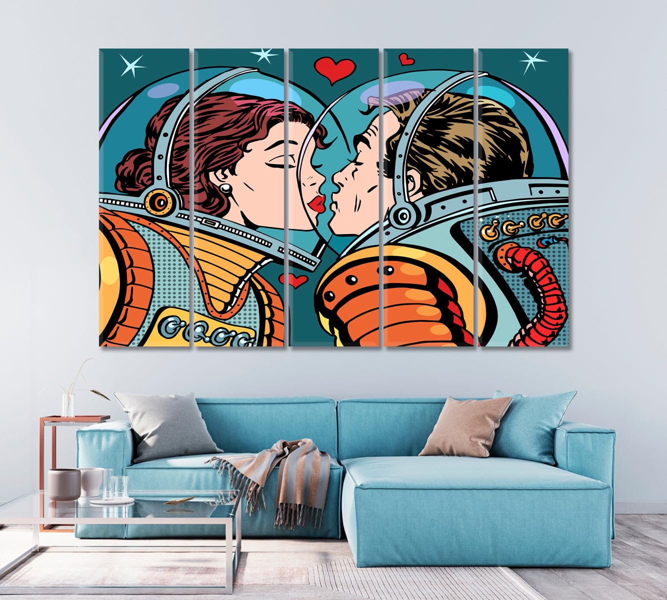 Astronauts Kiss in Space Canvas Print 3 Panels / 36x24 inches