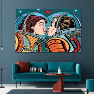 Astronauts Kiss in Space Canvas Print 3 Panels / 36x24 inches