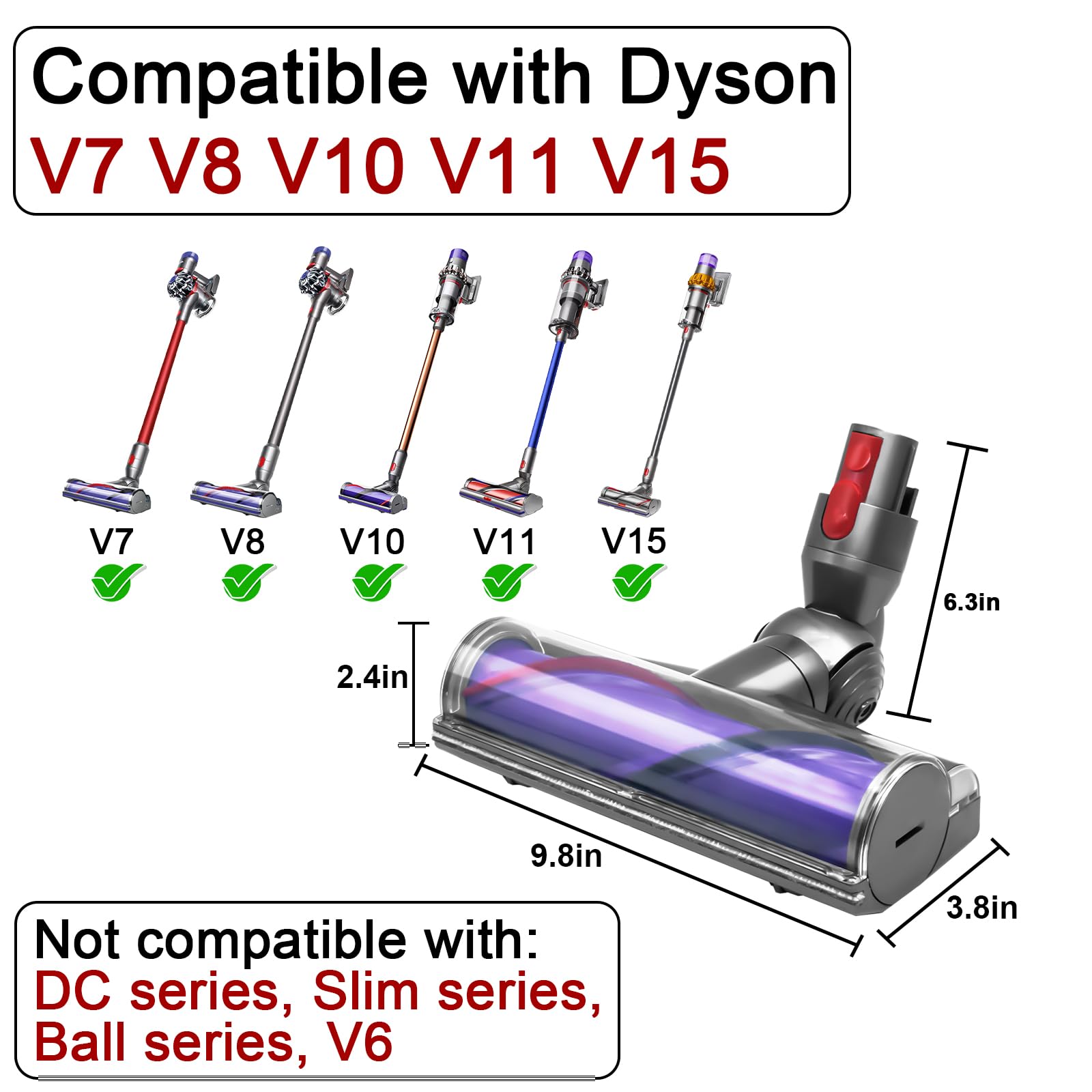 Quick-Release Motorhead Cleaner Compatible with Dyson V7 V8 V10 V11 V15 Vacuums Animal Absolute Models Cleaner Head Dyson Replacement Part Electric Head for Hardwood Floor Carpets SV10 SV11 SV12 SV14