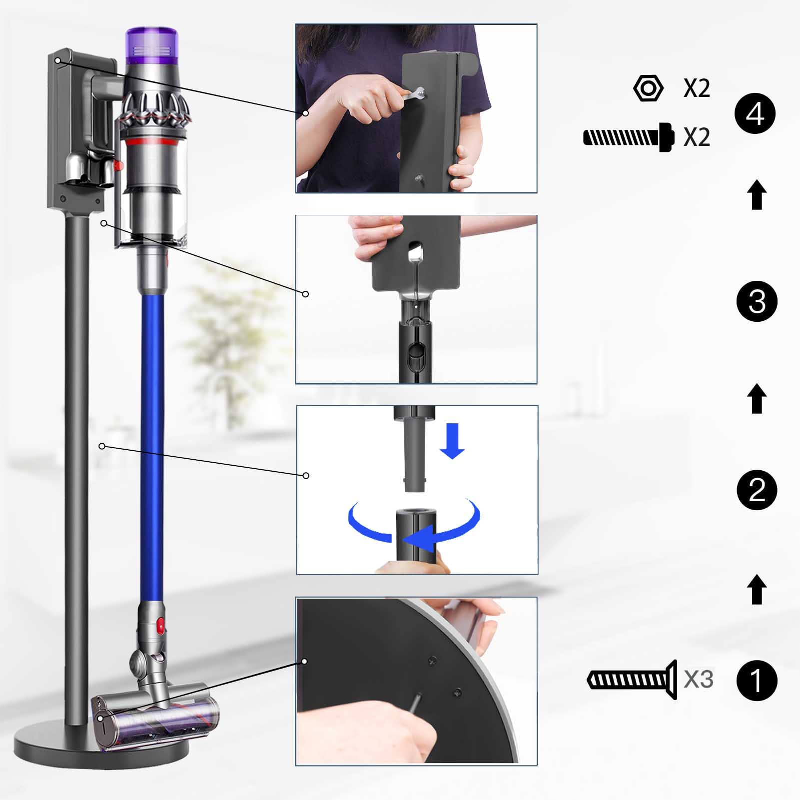 Lasvea Vacuum Stand for Dyson V15 Detect,V12,V11,V10,V8, V7-Sturdy Aluminum Tube Storage Holder, 6.2 Lbs Steel Base,3 accessory clips for Up to 9 Attachments & Charger, With Trigger Lock