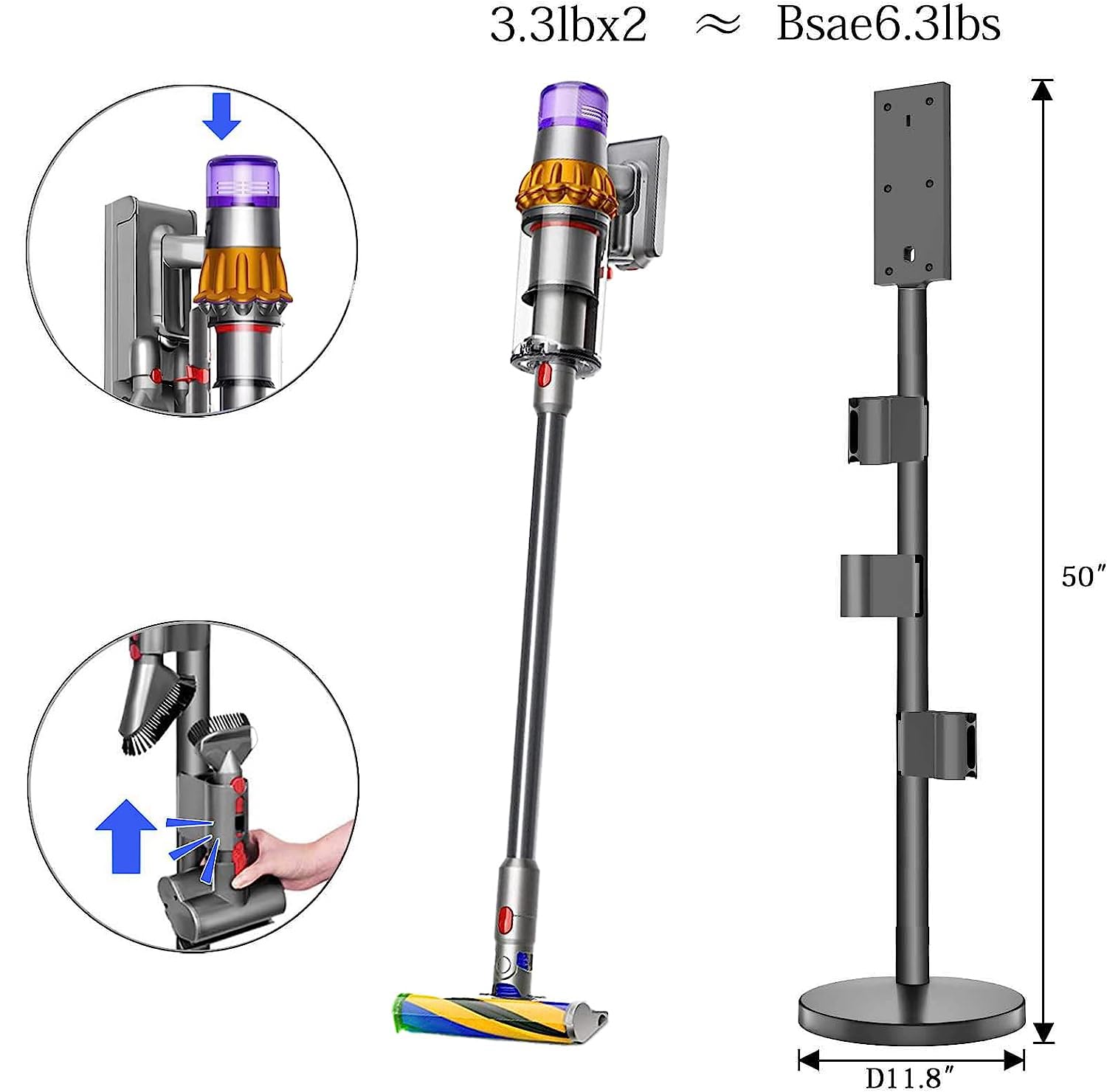 Lasvea Vacuum Stand for Dyson V15 Detect,V12,V11,V10,V8, V7-Sturdy Aluminum Tube Storage Holder, 6.2 Lbs Steel Base,3 accessory clips for Up to 9 Attachments & Charger, With Trigger Lock