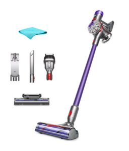 dyson v8 origin+ cordless stick vacuum cleaner | purple, hepa filter, rotating brushes, bagless, telescopic handle, battery operated, up to 40 min runtime, 2-year warranty, with 5ave microfiber cloth